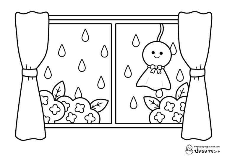 Window, teru teru bozu, rain, hydrangea 【Rainy Season Coloring Page】 | ぴよぴよプリント